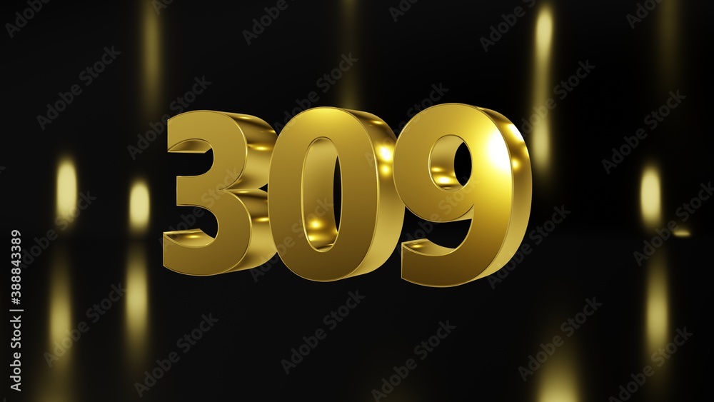 Number 309 in gold on black and gold background, isolated number 3d ...