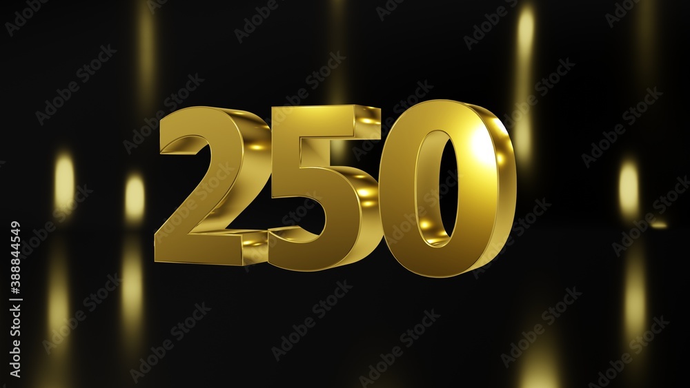 Number 250 in gold on black and gold background, isolated number 3d ...