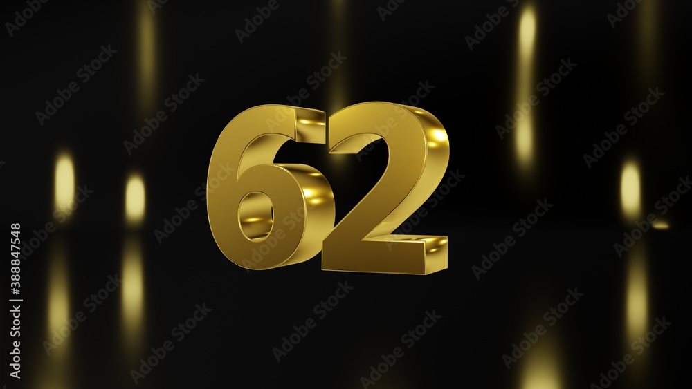 Number 62 in gold on black and gold background, isolated number 3d ...