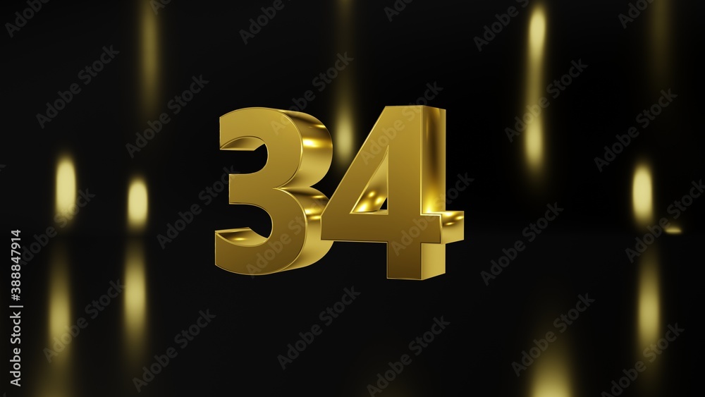 Number 34 in gold on black and gold background, isolated number 3d ...