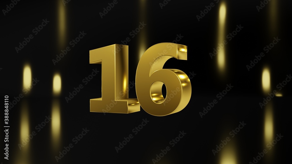 Number 16 in gold on black and gold background, isolated number 3d ...