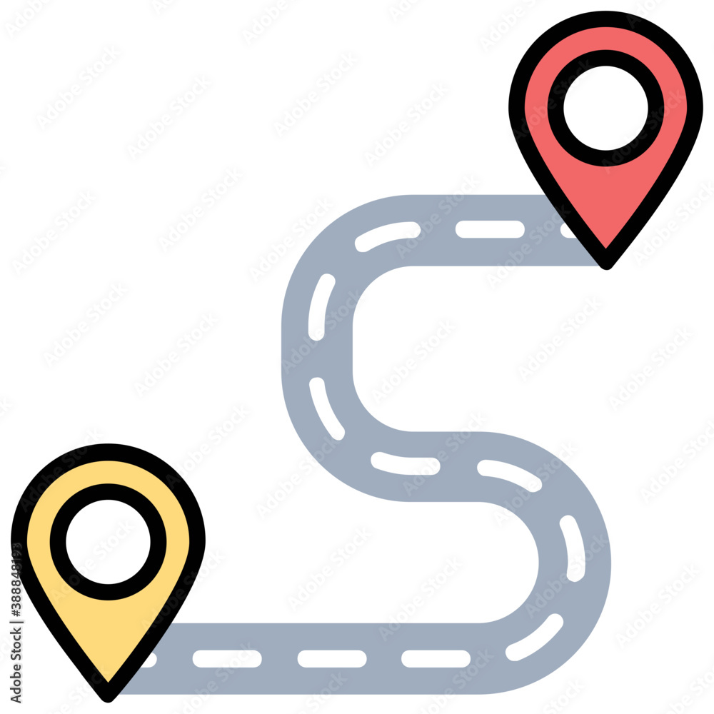 Two map pins on a line path is icon of start and end journey of road ...