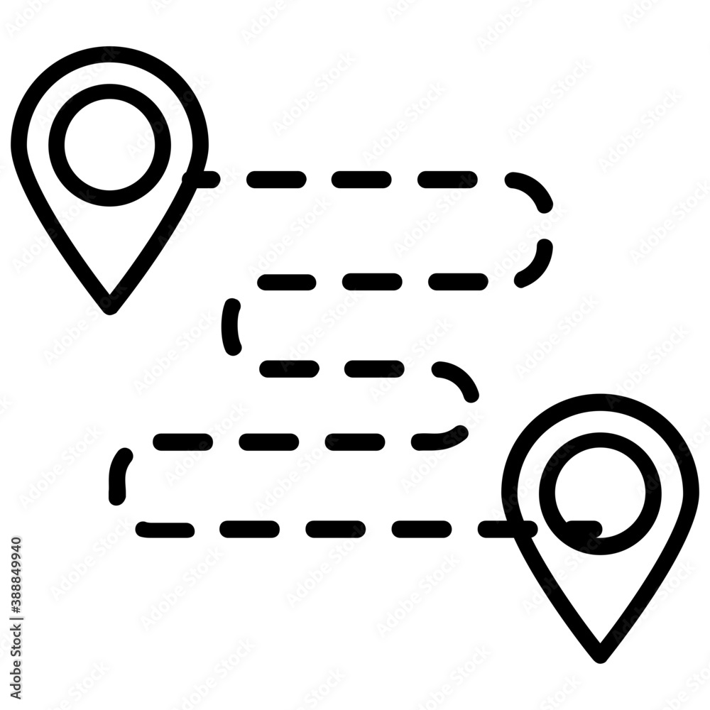 Two map pins on a line path is icon of start and end journey of road ...
