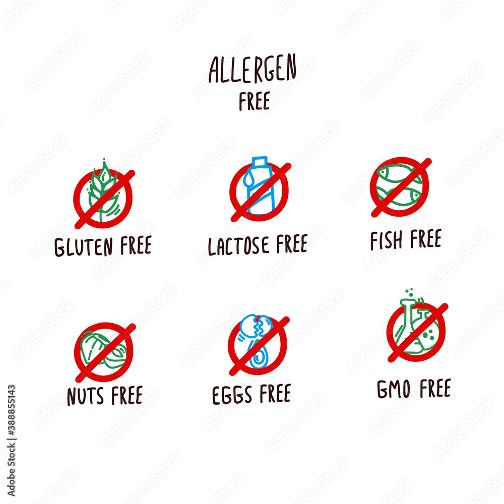 Collection of allergen icons drawn in color. Icons indicate negative ...