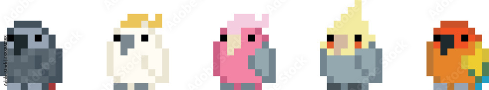 Pixel art birds pack: African Grey, Sulphur Crested Cockatoo, Galah ...