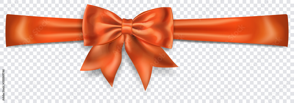 Beautiful orange bow with horizontal ribbon with shadow on transparent ...