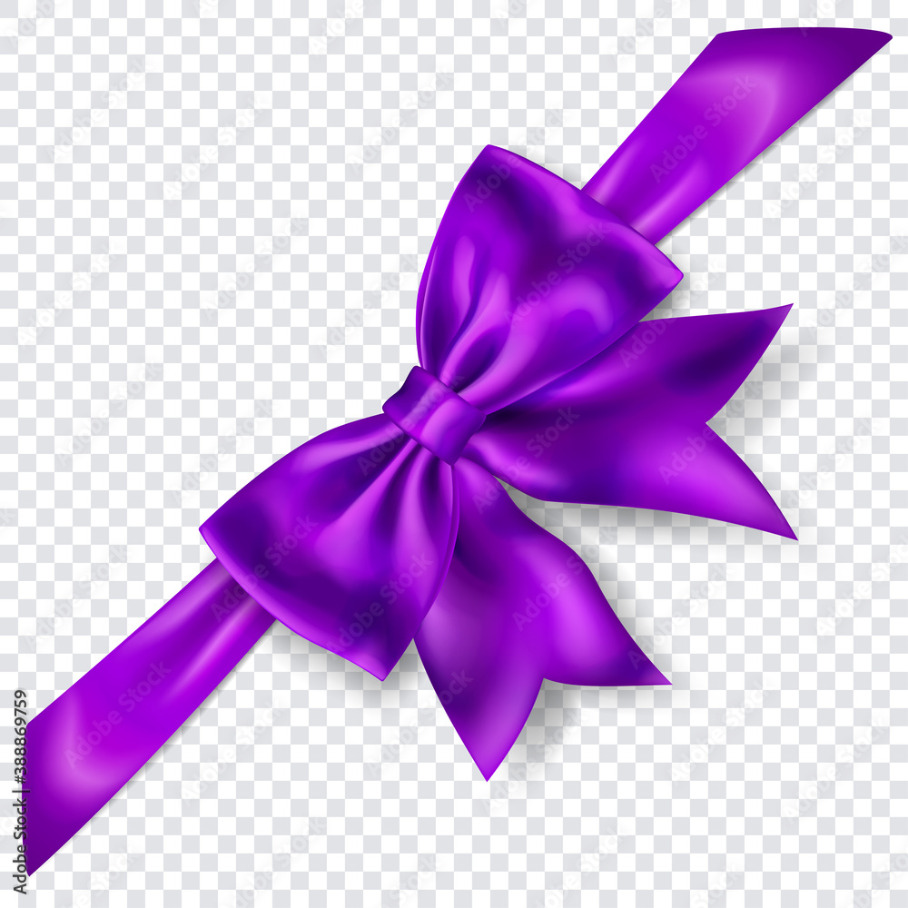 Beautiful purple bow with diagonally ribbon with shadow on transparent ...