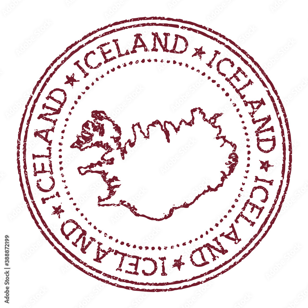 Iceland round rubber stamp with country map. Vintage red passport stamp ...
