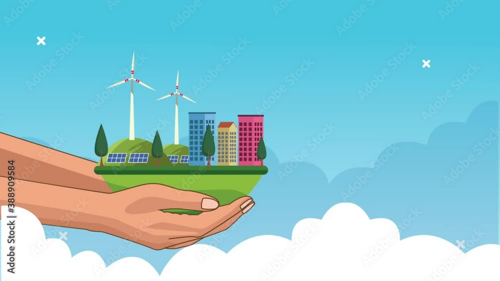 lets save the world animation with hands lifting green city scene Stock ...