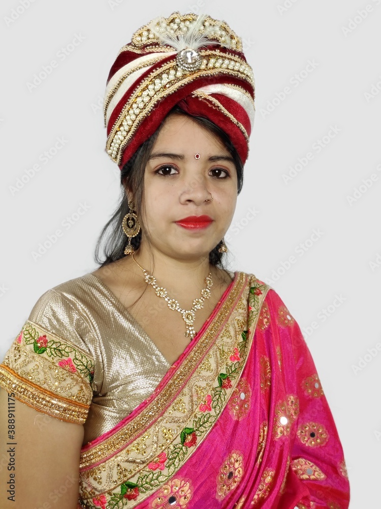 Turban or wreath worn by Indian woman in sari symbolising independent ...