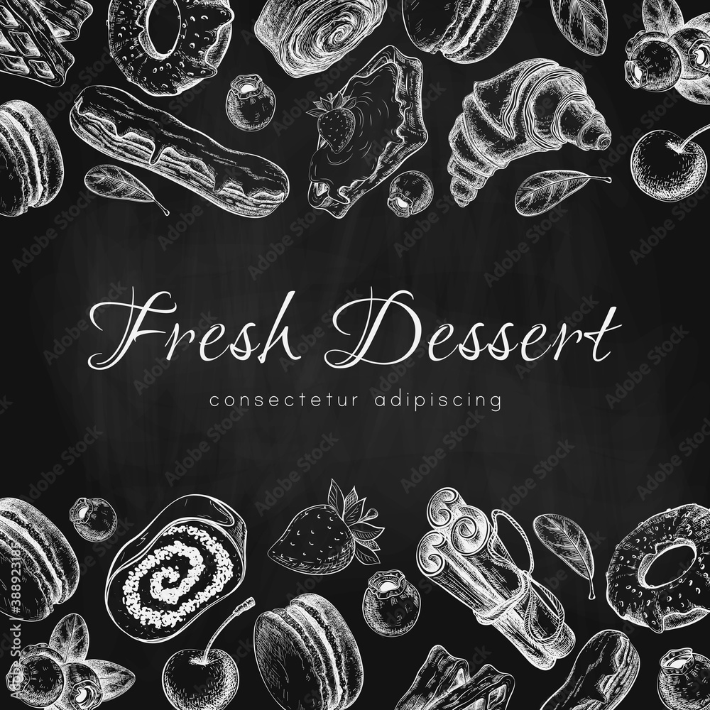 chalk bakery or pastry banner, background or menu template on black ...