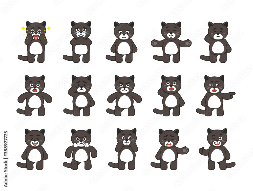 Vetor de Set of chibi cat mascots showing various emotions. Cute cat ...