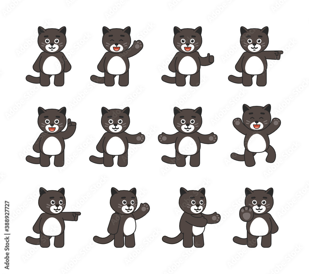 Set of cute cat mascots showing various hand gestures. Chibi black cat ...