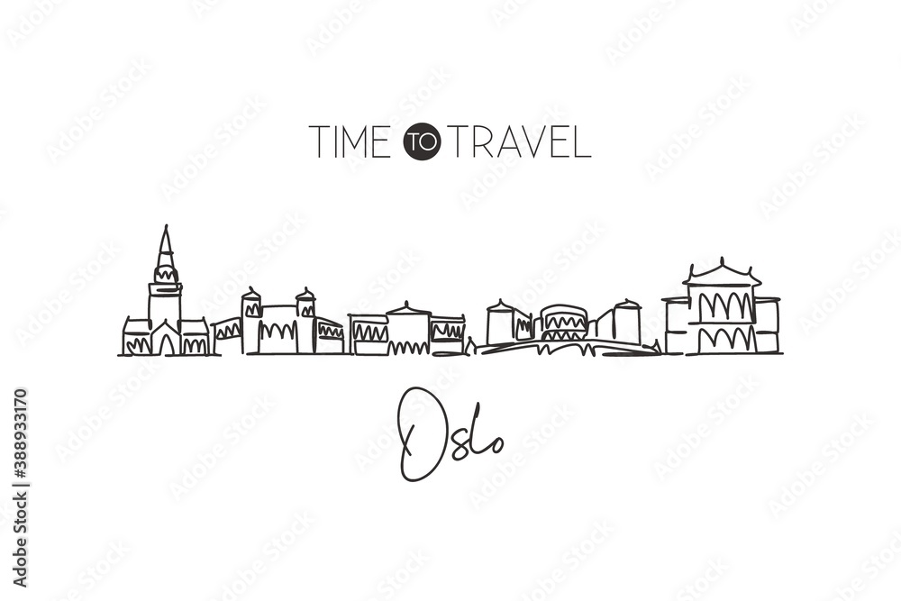 Single continuous line drawing of Oslo skyline Norway. Famous city ...