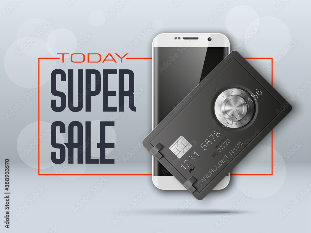 Banner with smartphone & credit card image. Advertising promo poster ...
