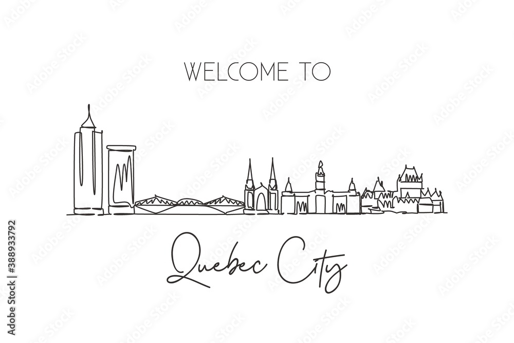 Single continuous line drawing Quebec skyline, Canada. Famous city ...