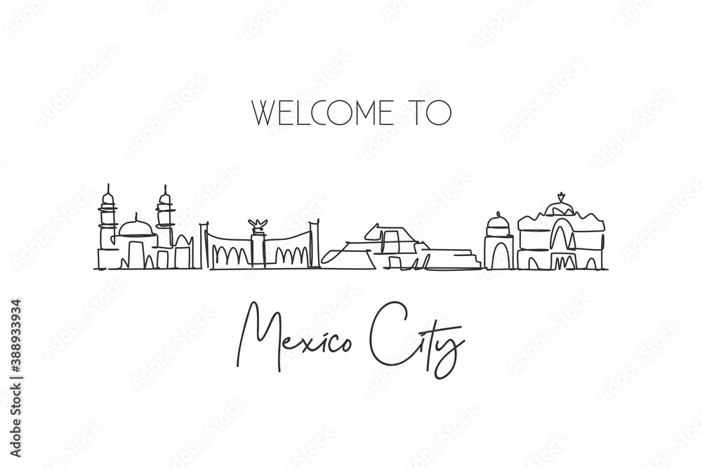 Single continuous line drawing Mexico skyline, Mexico. Famous city ...