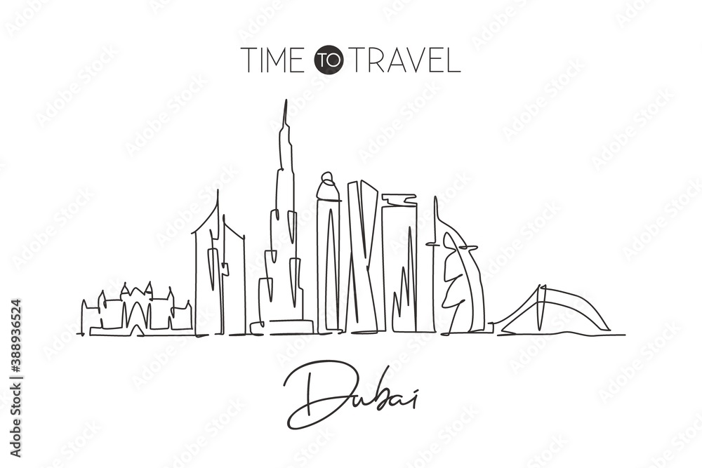 Single continuous line drawing of Dubai city skyline, United Arab ...