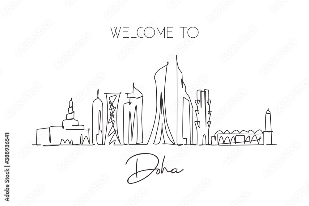 Single continuous line drawing of Doha city skyline, Qatar. Famous city ...
