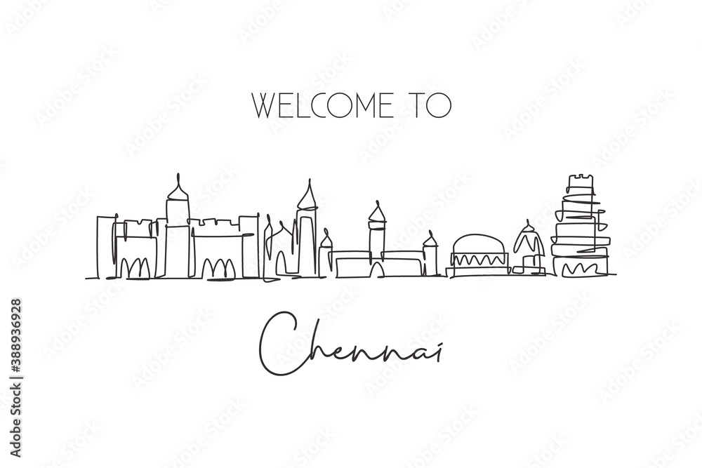 Single continuous line drawing of Chennai city skyline, India. Famous ...