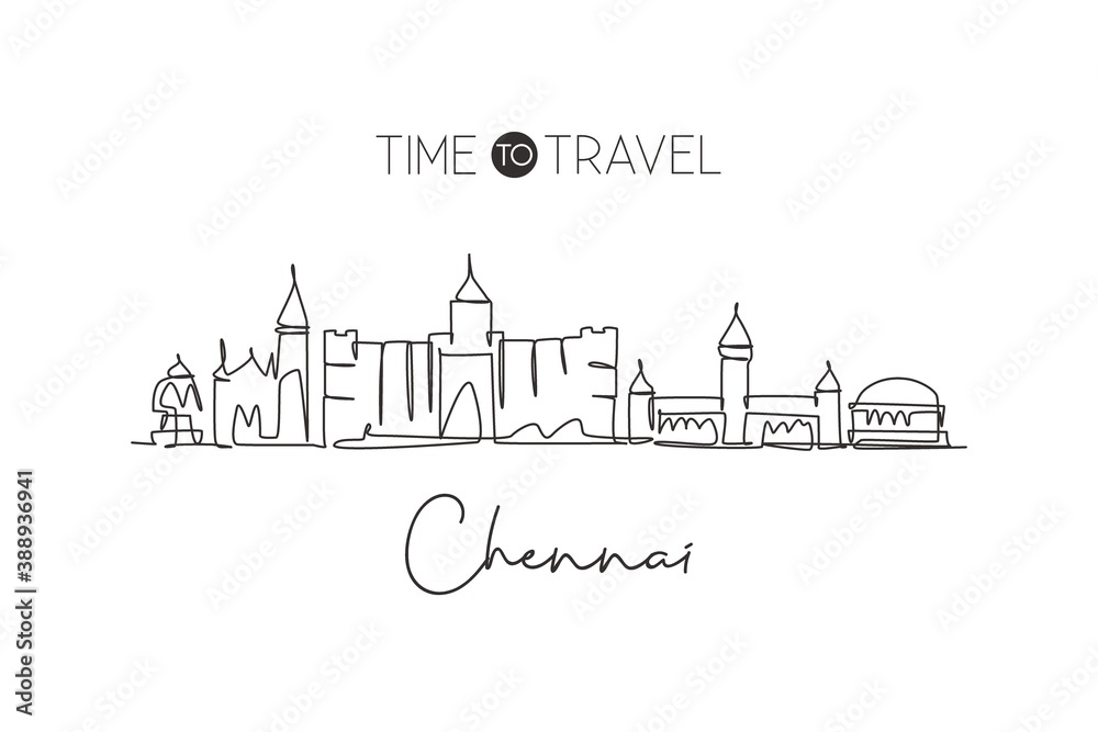 One continuous line drawing of Chennai city skyline, India. Beautiful ...