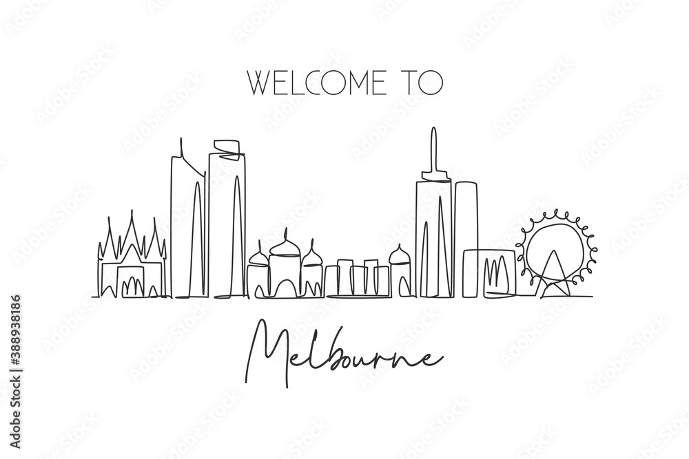 One continuous line drawing of Melbourne city skyline, Australia ...