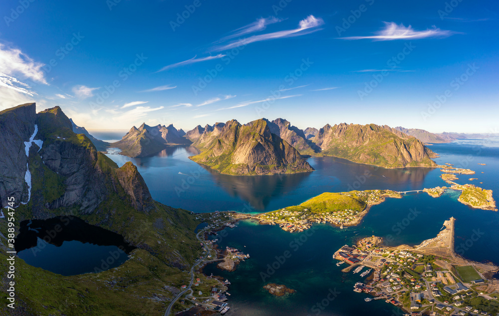 Panorama of mountains, fjords and fishing villages in Lofoten islands ...