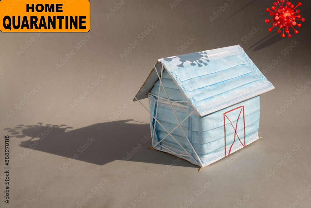 Shade of Corona Virus 3D render on a paper house covered with surgical Mask. innovative idea to ...