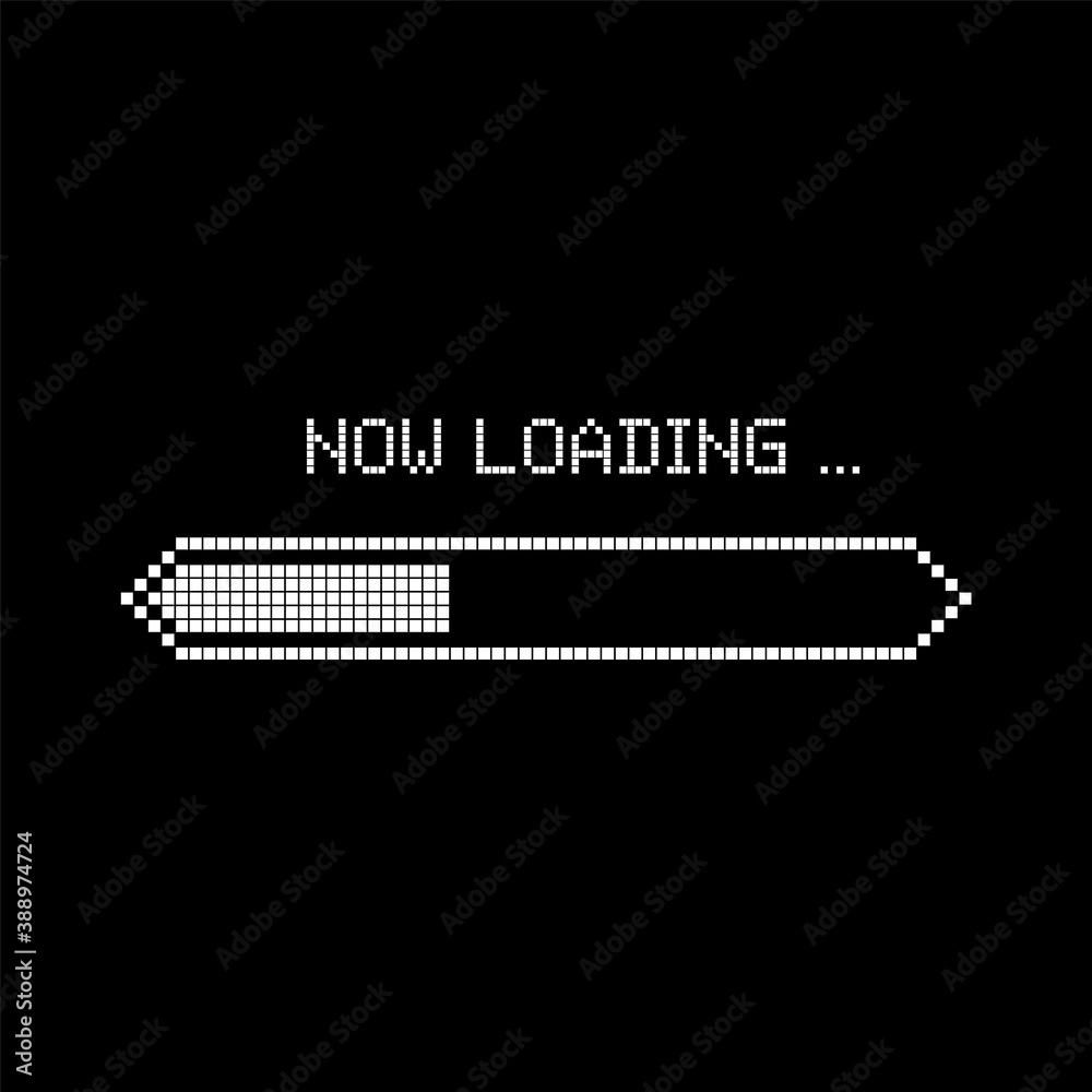 White retro loading 8 bit on black background. Now load bar ...