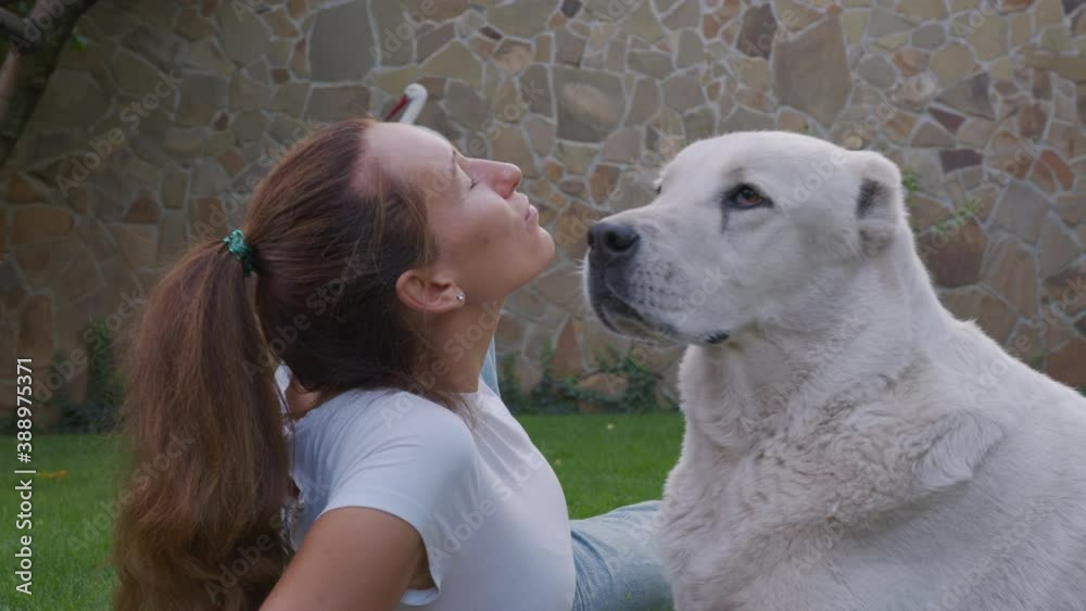 Smiling lady taking free time with her dog. Woman relaxing in the ...