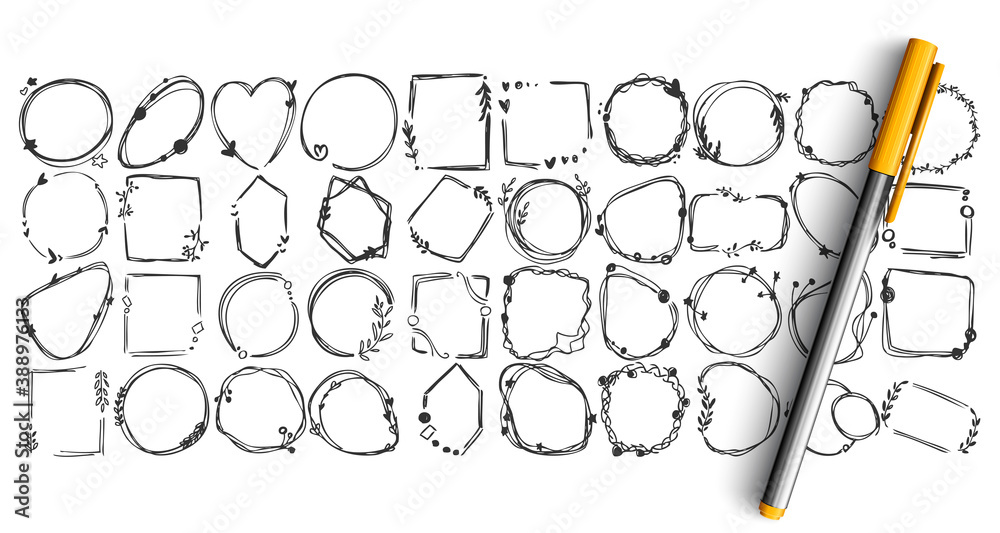 Geometric figures doodle set. Collection of pen pencil ink hand drawn ...