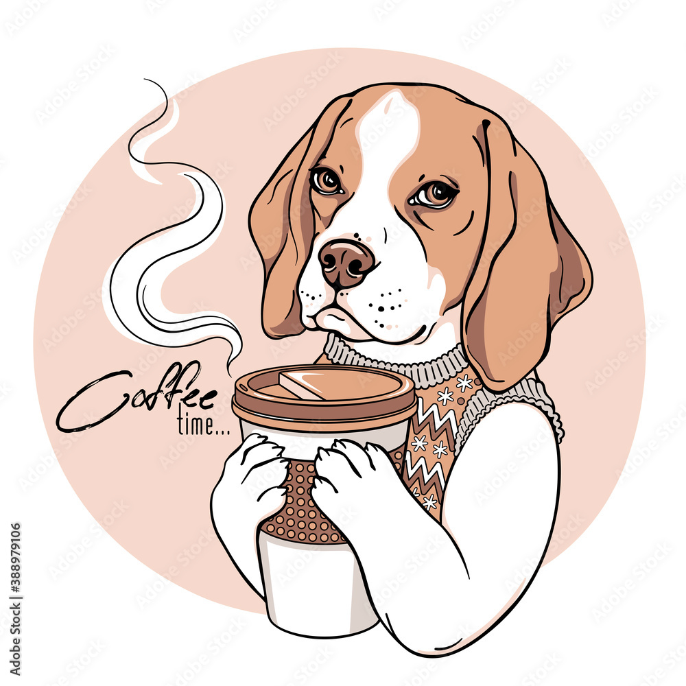Cute cartoon beagle dog with a big cup of coffee. Coffee time ...