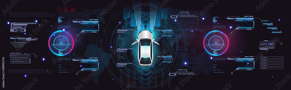 Car interface in HUD, GUI, UI style. Electronic vehicle control system ...