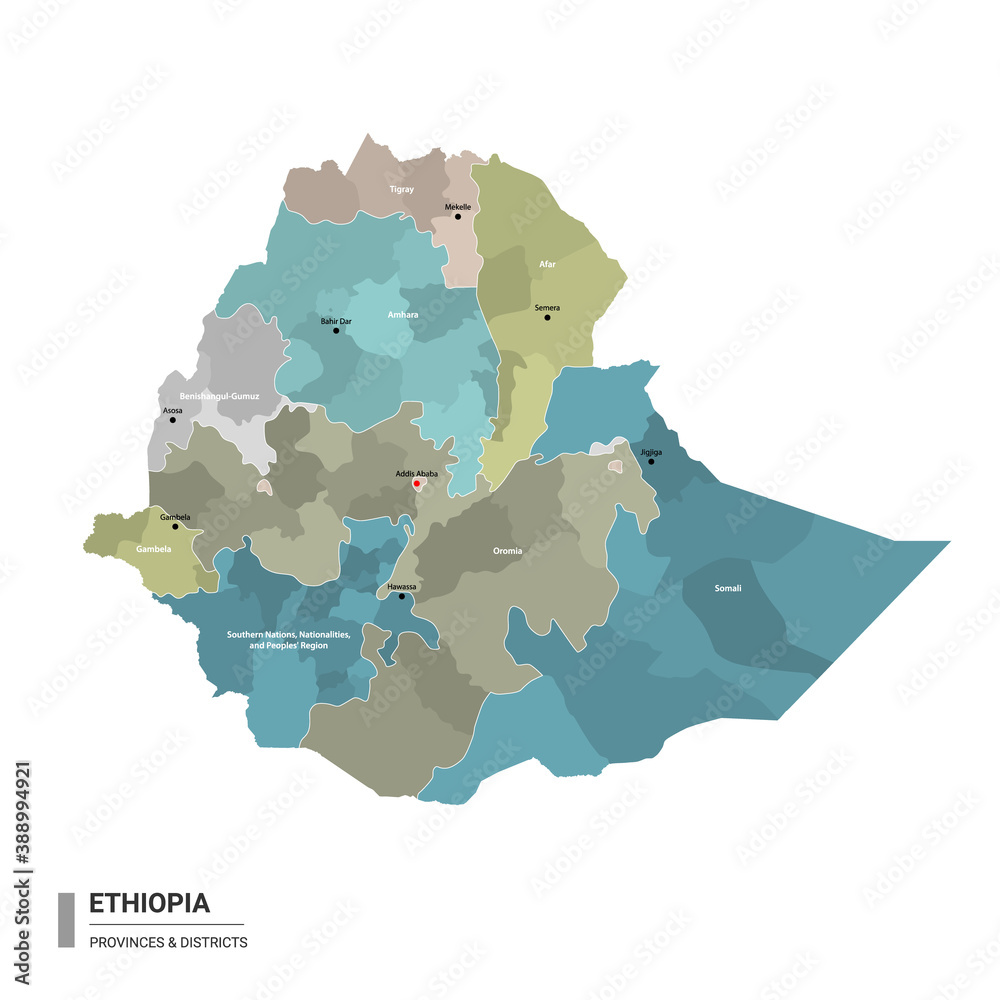 Plakat w ramie Ethiopia higt detailed map with subdivisions. Administrative map of Ethiopia with ...