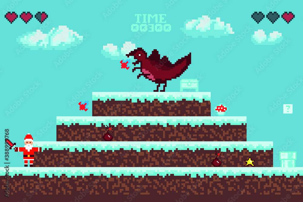 Winter pixel game. The battle of Santa Claus. Retro art games. 8-bit ...
