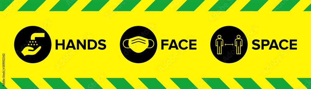 Hands Face Space Warning Sign with Icons for Covid-19 Coronavirus ...