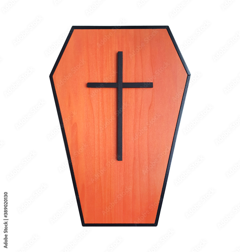 closed orange wooden coffin with christ cross on panel isolated on ...