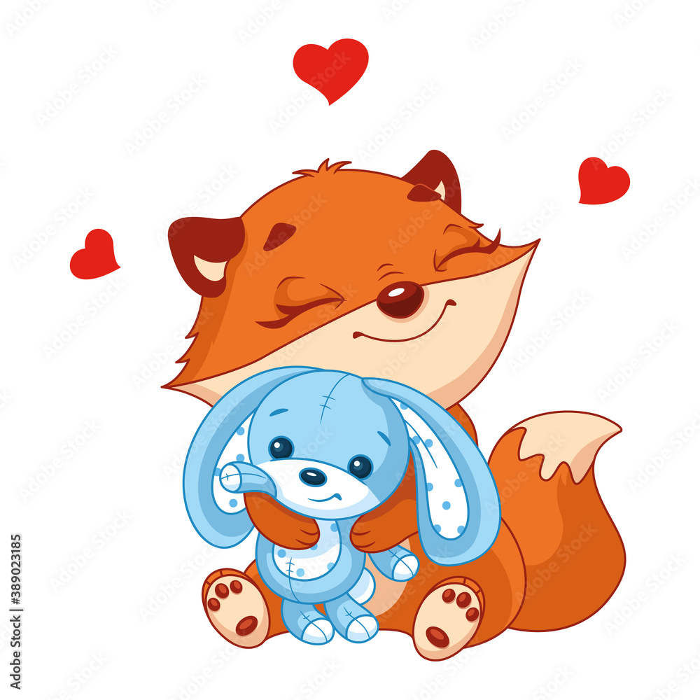 Little fox hugs toy bunny. Vector cartoon illustration Stock Vector ...
