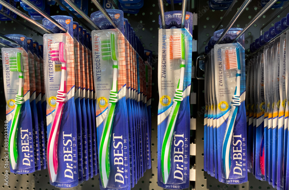 Tönisvorst, Germany - May 29. 2020: Close up of Dr. Best toothbrushes ...