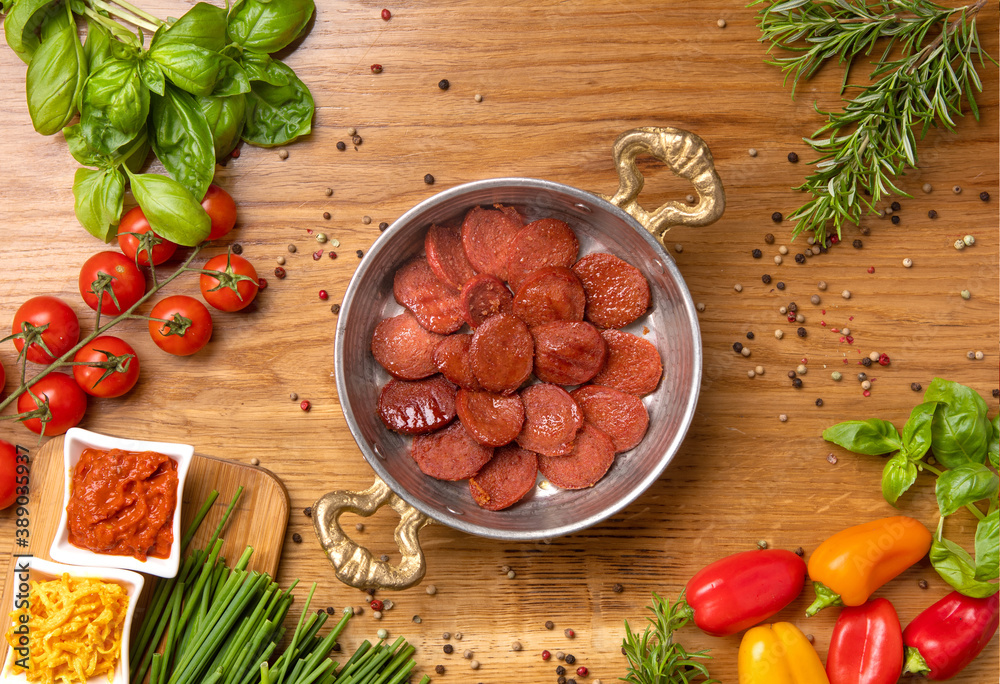 Türkische Sucuk Tava in Pfanne Stock Photo | Adobe Stock