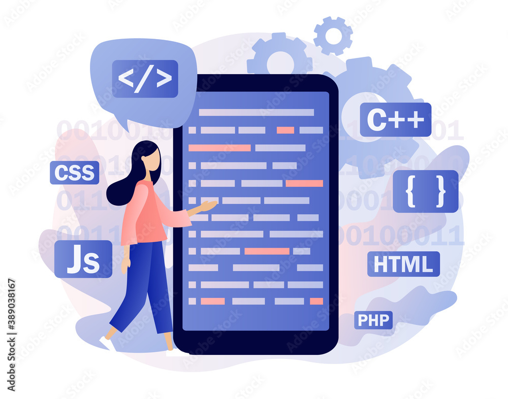 Programming and engineering development. Tiny woman programmer or developer create code ...