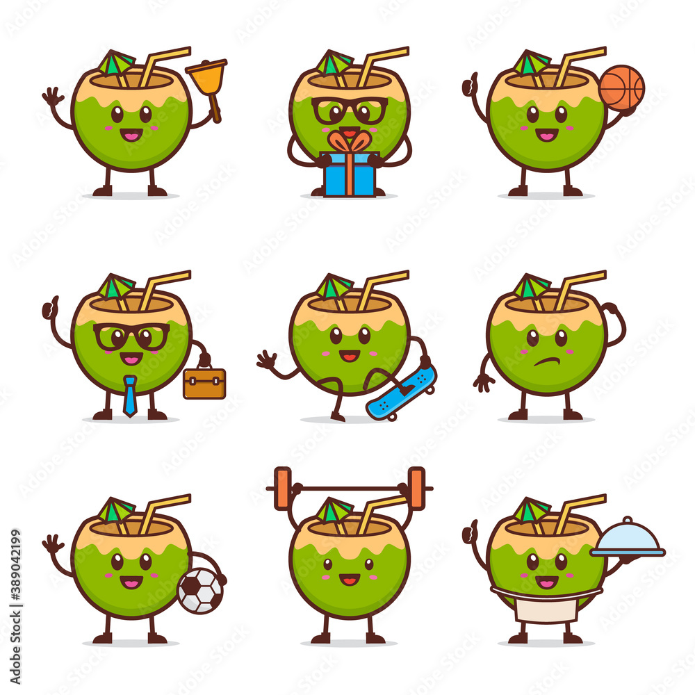 set of cute coconuts with different facial expressions vector. Cartoon ...