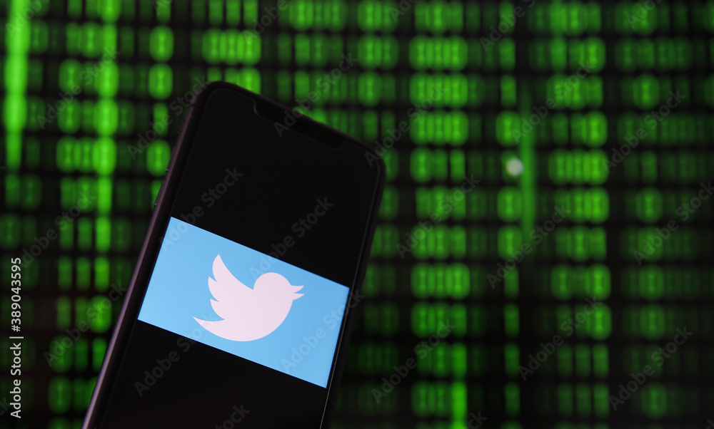 Viersen, Germany - July 9. 2020: View on mobile phone with twitter logo ...