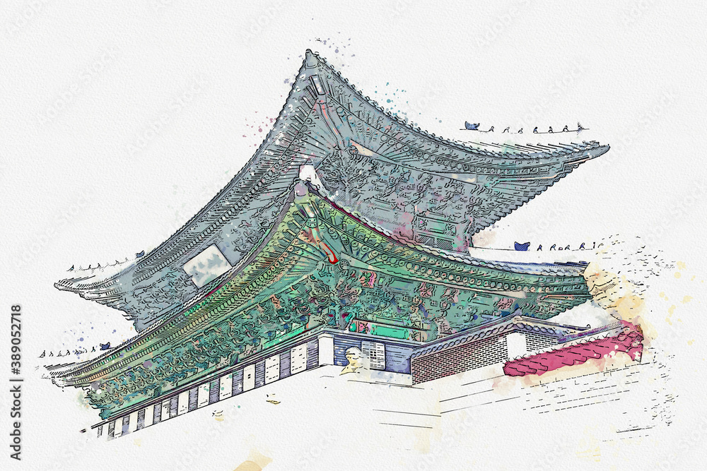 Watercolor drawing picture of Gyeongbokgung Palace famous landmark at ...