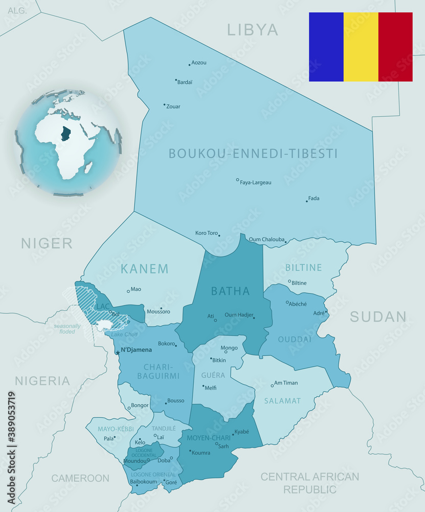 Blue-green detailed map of Chad administrative divisions with country ...