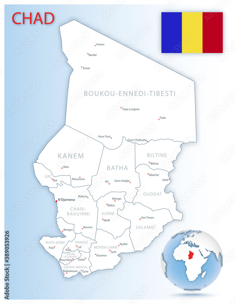 Detailed Chad administrative map with country flag and location on a ...