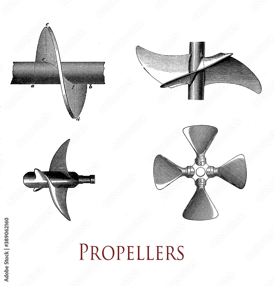 Vintage illustration explaining in images the concept of propeller, a ...