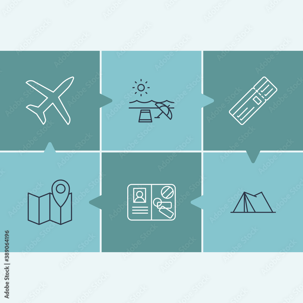 Travel icon set and passport with stamp with flight ticket, camping and ...