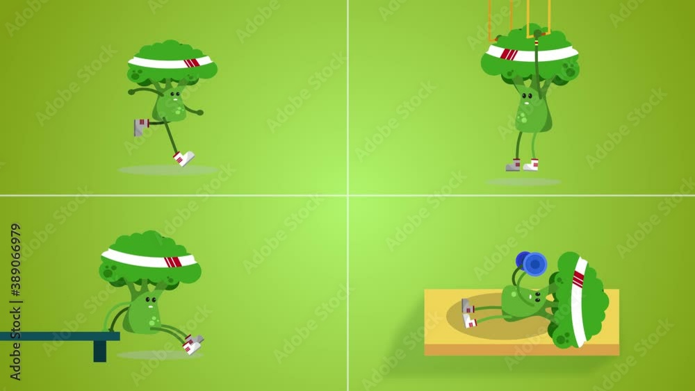 Cute kawaii cartoon broccoli character in the gym doing exercises and ...