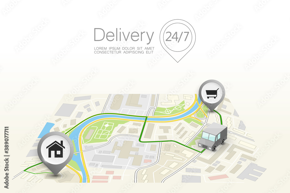 City map navigation delivery route, point markers delivery van, drawing ...